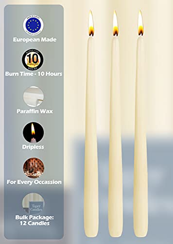 12 Pack Tall Taper Candles - 12 Inch Woolwhite Dripless, Unscented Dinner Candle - Paraffin Wax with Cotton Wicks - 10 Hour Burn Time