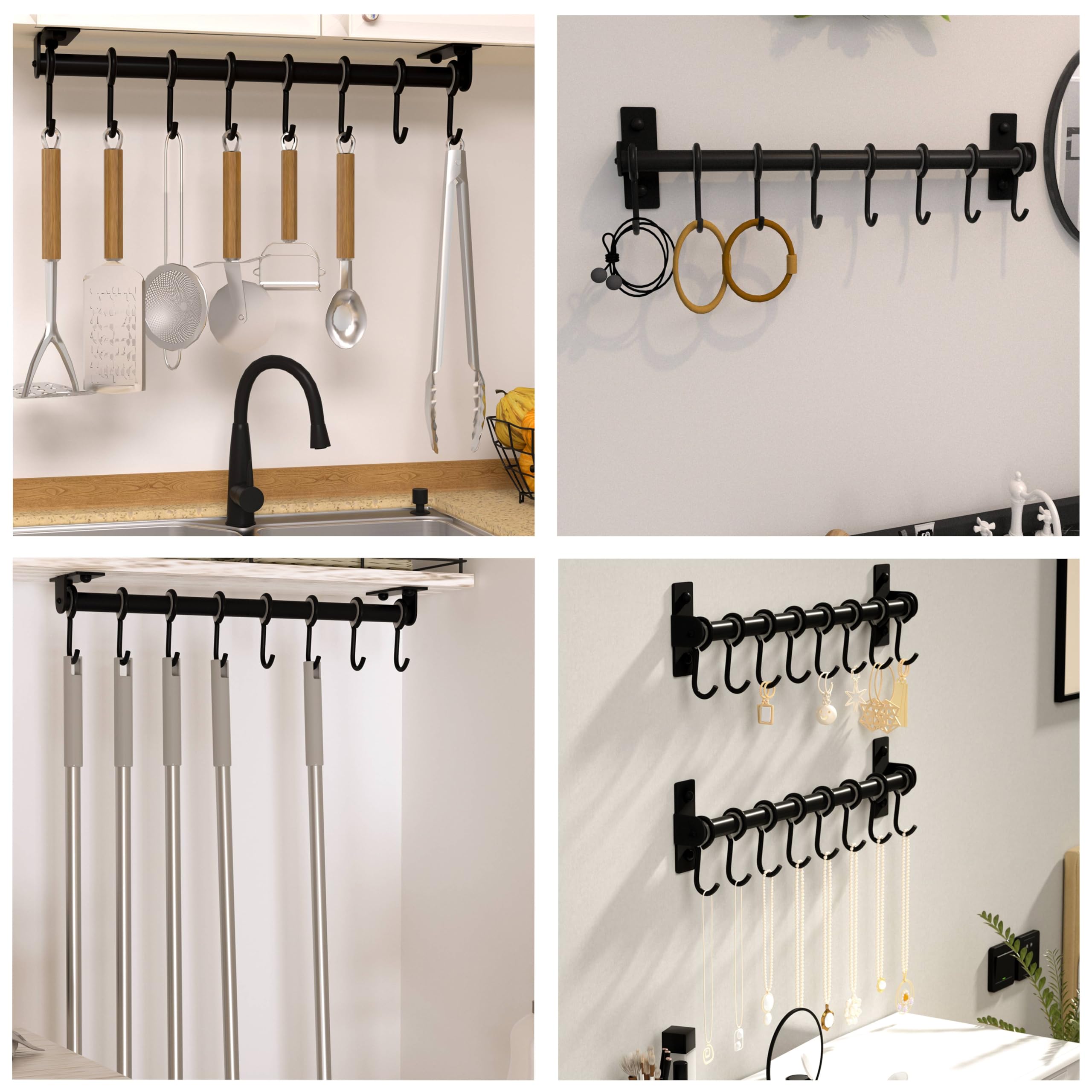 Dseap Pot Rack - Pots and Pans Hanging Rack Rail with 8 Hooks, Pot Hangers for Kitchen, Wall Mounted, Black