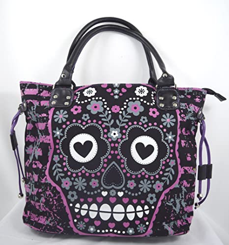 Lost Queen Purple Candy Flower Sugar Skull Cotton Canvas Shoulder Bag