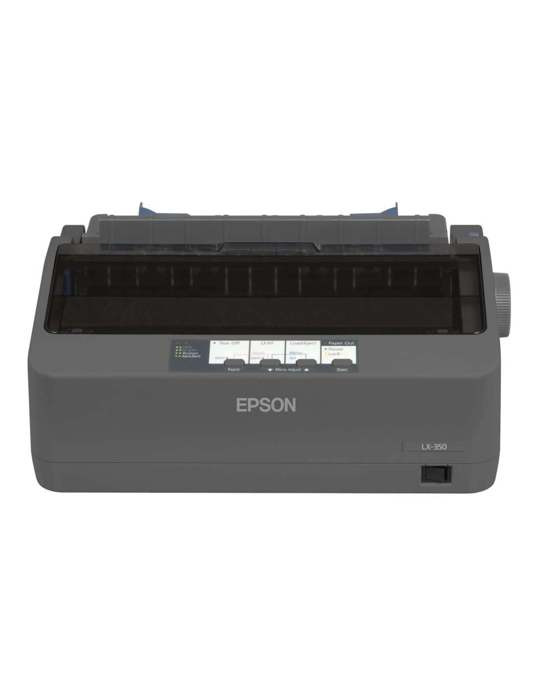 Epson LX-350 Dot matrix printer, 9 pins, 80 column, original + 4 copies, 347 cps HSD (10 cpi), Epson ESC/P - IBM 2380+ emulation, 3 fonts, 8 BarCode fonts, 3 paper paths, single and continous sheet, paper park, USB, Parallel and Serial I/F - BEING RE