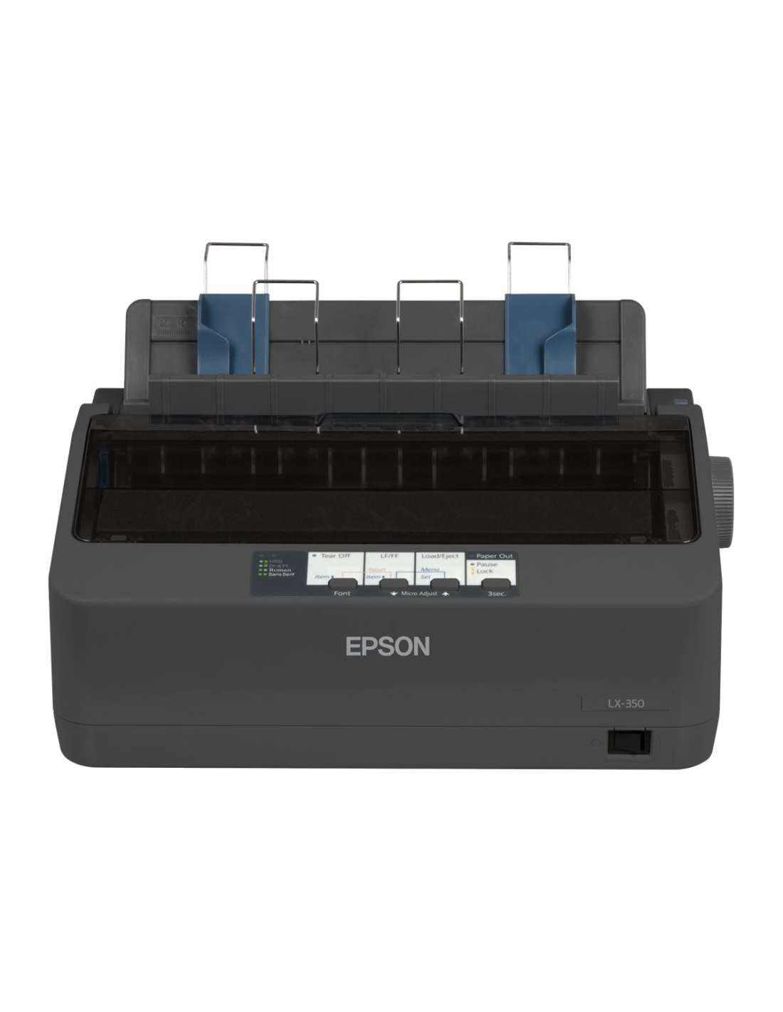Epson LX-350 Dot matrix printer, 9 pins, 80 column, original + 4 copies, 347 cps HSD (10 cpi), Epson ESC/P - IBM 2380+ emulation, 3 fonts, 8 BarCode fonts, 3 paper paths, single and continous sheet, paper park, USB, Parallel and Serial I/F - BEING RE
