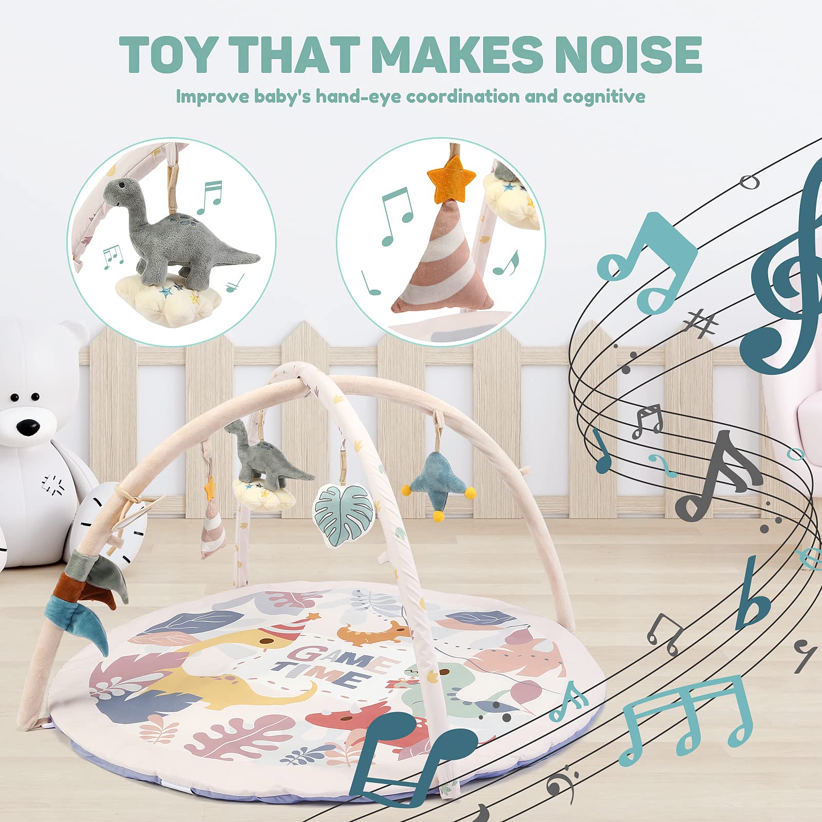 TCBunny Baby Gym Play Mat Dinosaur Design for Newborn, Visual, Hearing, Touch, Cognitive Early Development Playmat Activity Center, 5 Toys for Toddlers