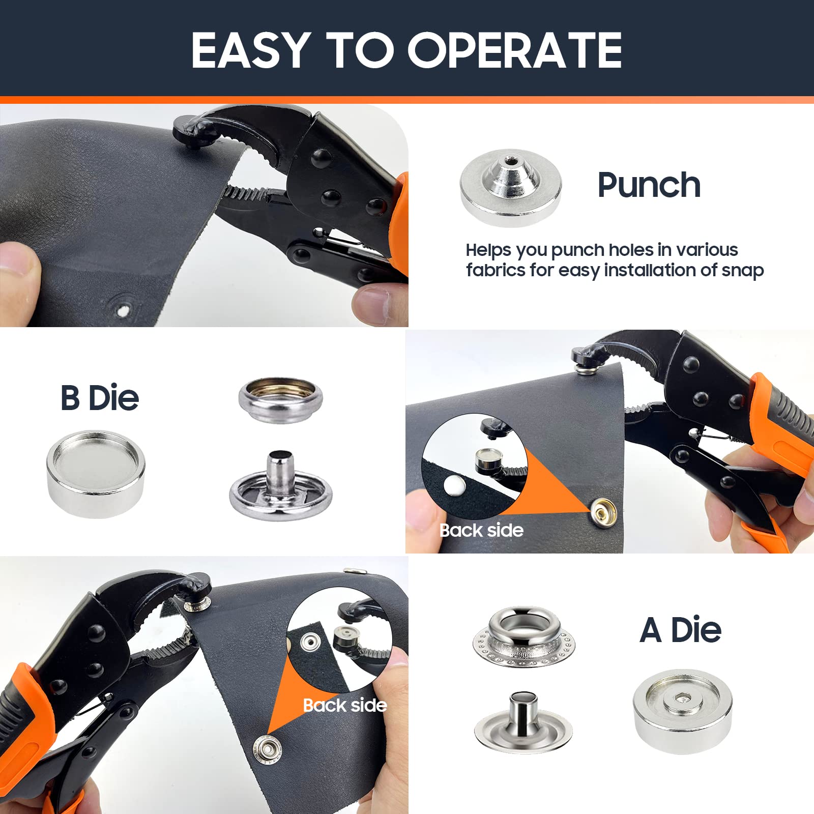 Heavy Duty Snap Fastener Tool, Snap Setter Tool Kit with 60 Sets, Adjustable Setter Snap Installation Kit, Snaps for Boat Cover, Snap Button Tool, Replacing Metal Snaps, Canvas, Sewing, Tarps