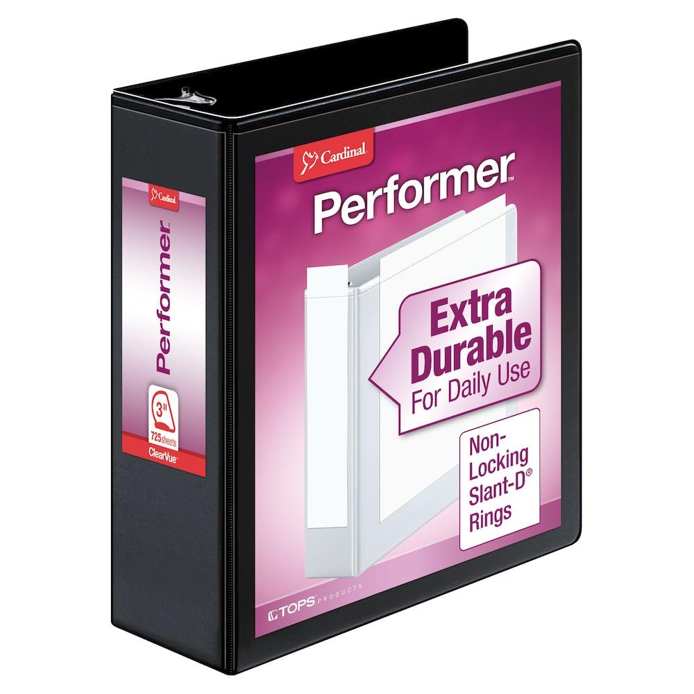 Cardinal 17601 Performer ClearVue Slant-D Ring Binder, 3-Inch Cap, 11 x 8 1/2, Black