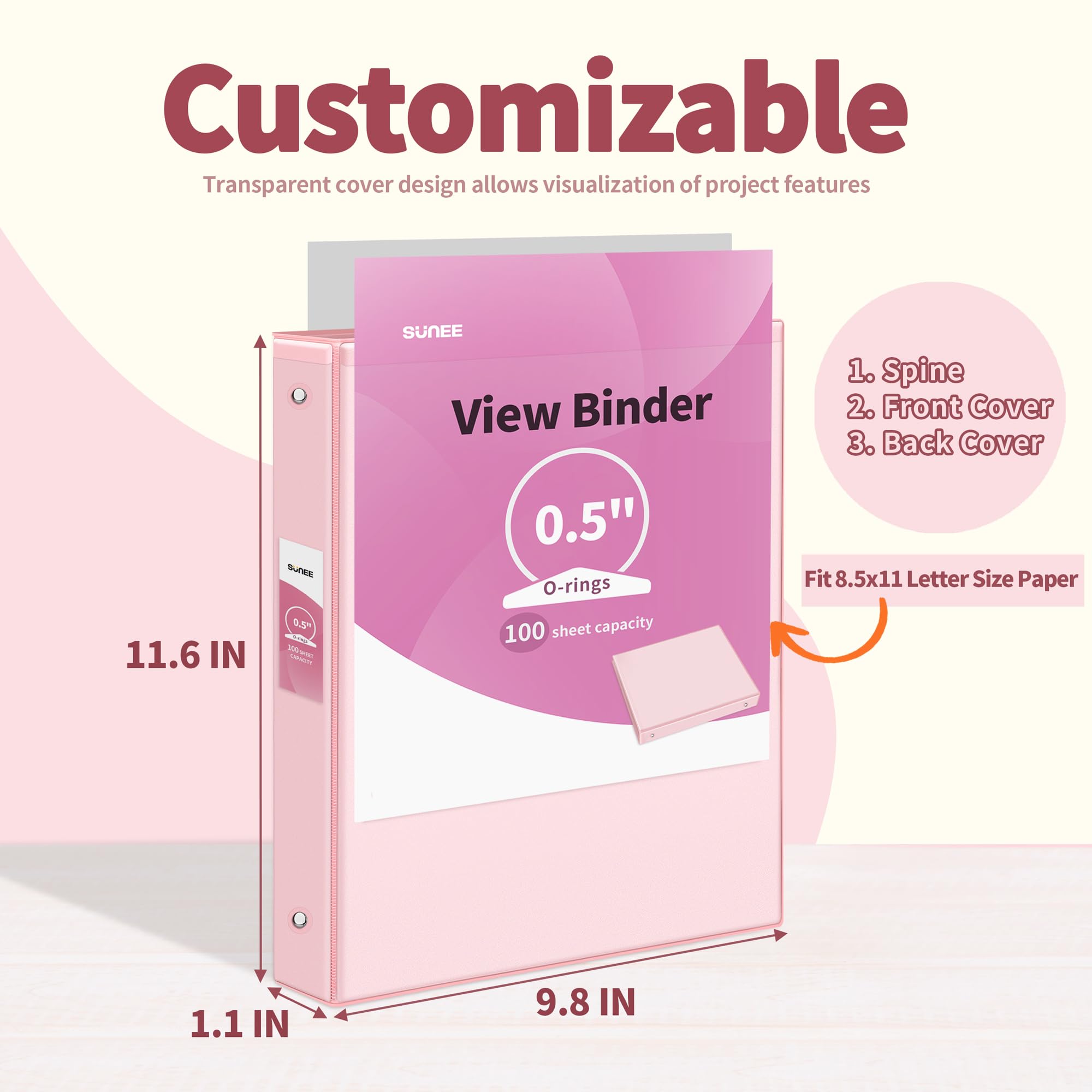 SUNEE 1/2 Inch Binders 3 Ring 4 Pack, Clear View Binder Three Ring PVC-Free (Fit 8.5x11 Inches) for School or Office Supplies, Assorted Pastel Binder