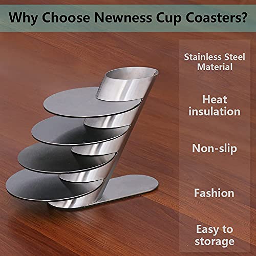 Cup Coasters, Newness Cup Coasters Set with Decorative Rack, Stainless Steel Tabletop Display Round Cup Coaster with Holder, Silver, Set of 4