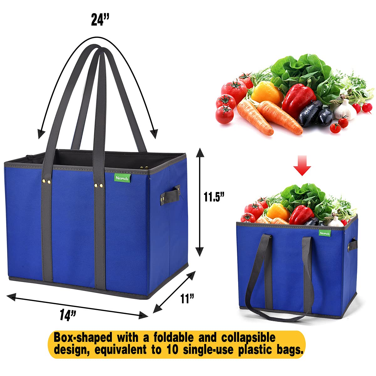 NERUB Reusable Grocery Bags Shopping Bags Grocery Tote Bag with Reinforced Bottom Heavy Duty Handles (Set of 3, Blue/Gray/Wave)