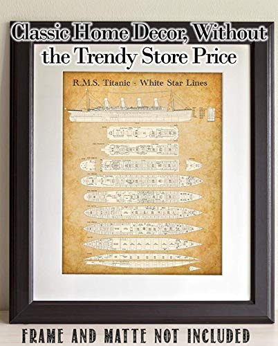R. M. S. Titanic - White Star Lines Deck Plan - 11x14 Unframed Patent Print - Great Gift and Decor for History and Cruise Ship Buffs Under $15