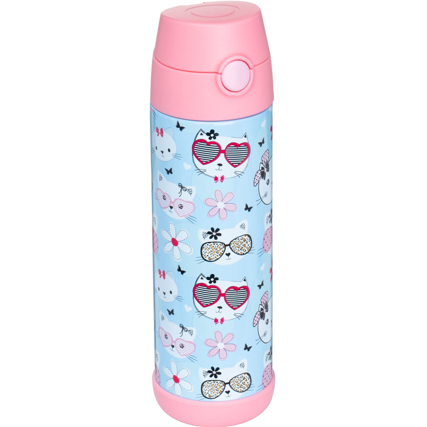 Snug Kids Water Bottle - insulated stainless steel thermos with straw (Girls/Boys) - Kitty, 17oz