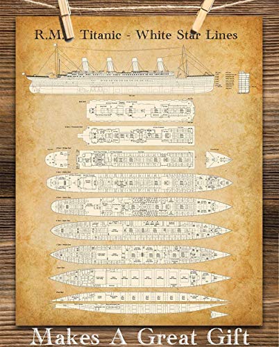 R. M. S. Titanic - White Star Lines Deck Plan - 11x14 Unframed Patent Print - Great Gift and Decor for History and Cruise Ship Buffs Under $15
