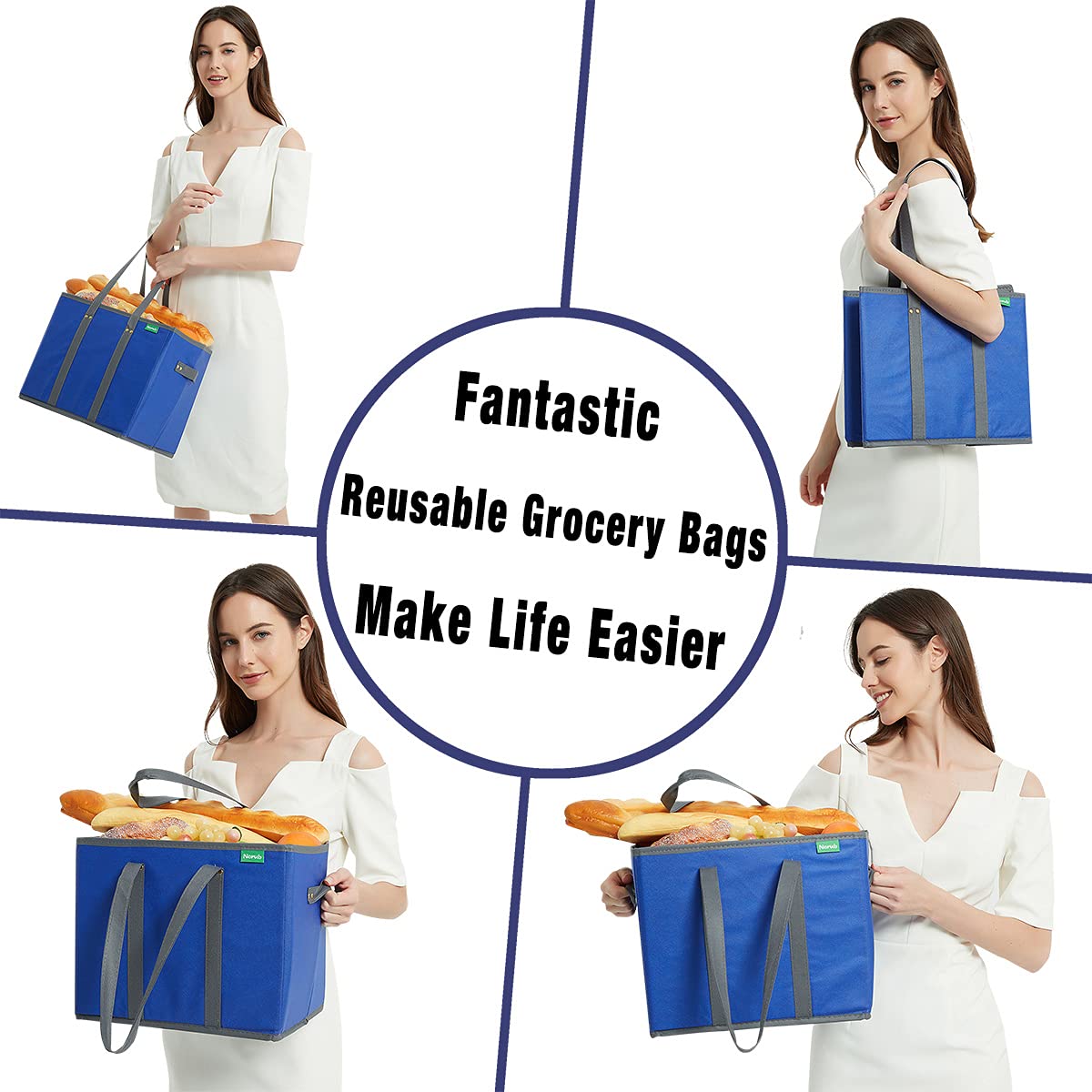 NERUB Reusable Grocery Bags Shopping Bags Grocery Tote Bag with Reinforced Bottom Heavy Duty Handles (Set of 3, Blue/Gray/Wave)