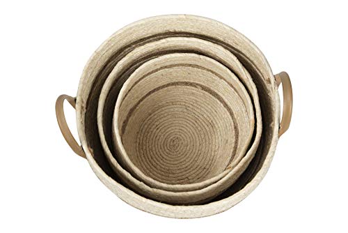 Creative Co-Op Beige & Brown Maize Baskets with Leather Handle (Set of 3 Sizes) Wicker Non-Food Storage, Brown