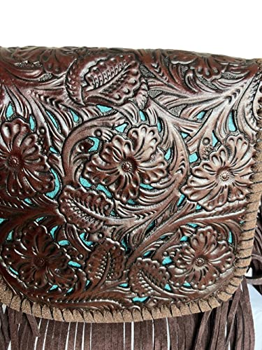 western floral tooled 100% leather fringe cross body purse (brown) Small