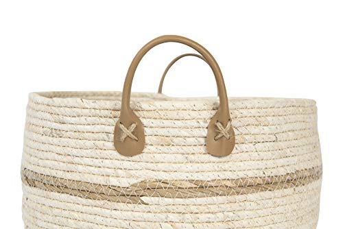 Creative Co-Op Beige & Brown Maize Baskets with Leather Handle (Set of 3 Sizes) Wicker Non-Food Storage, Brown