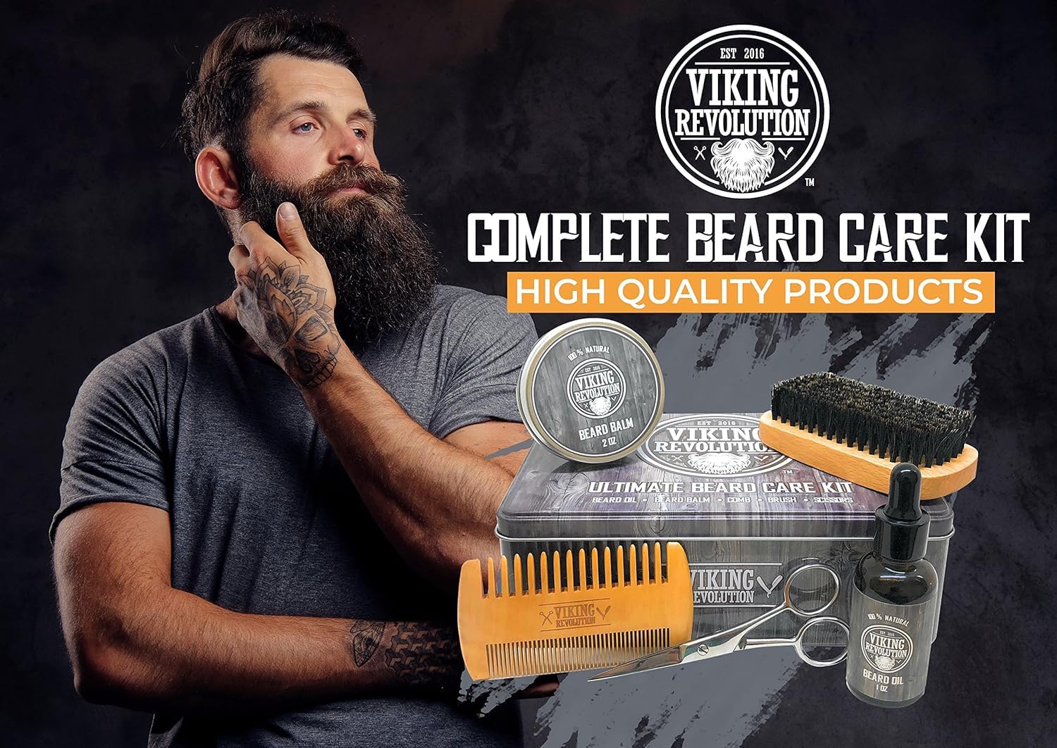 Viking Revolution Beard Care Kit for Men - Ultimate Beard Grooming Kit includes 100% Boar Men’s Beard Brush, Wooden Beard Comb, Beard Balm, Beard Oil, Beard & Mustache Scissors in a Metal Box