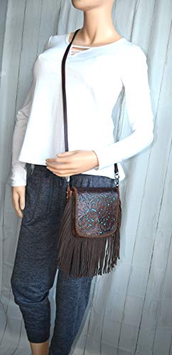 western floral tooled 100% leather fringe cross body purse (brown) Small