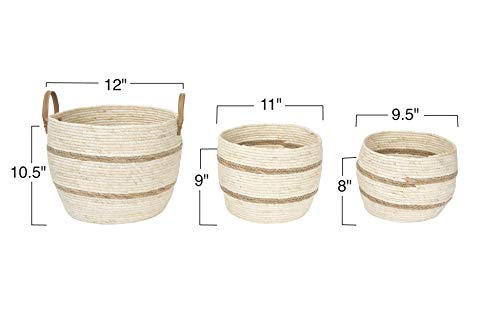 Creative Co-Op Beige & Brown Maize Baskets with Leather Handle (Set of 3 Sizes) Wicker Non-Food Storage, Brown