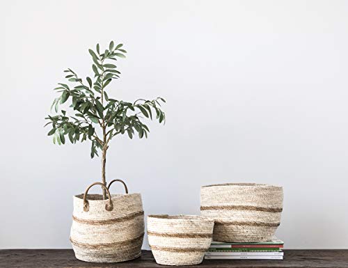 Creative Co-Op Beige & Brown Maize Baskets with Leather Handle (Set of 3 Sizes) Wicker Non-Food Storage, Brown