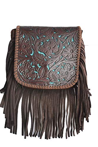 western floral tooled 100% leather fringe cross body purse (brown) Small