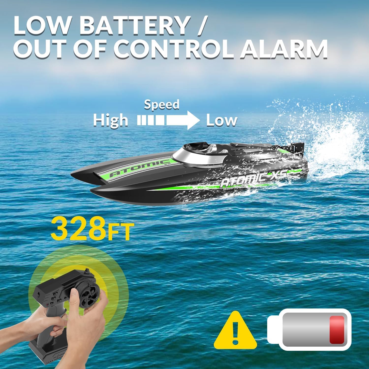 VOLANTEXRC Remote Control Boats for Pools and Lakes 20+MPH AtomicXS High Speed RC Boat for Kids or Adults Toy Boat Gifts with 2 Batteries & Reverse Function (795-5 Black)