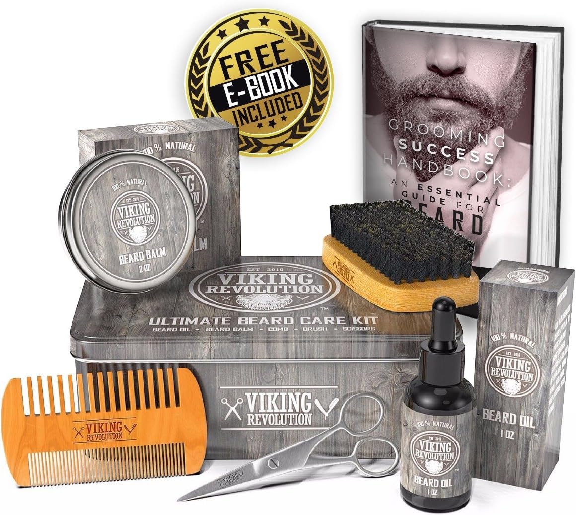 Viking Revolution Beard Care Kit for Men - Ultimate Beard Grooming Kit includes 100% Boar Men’s Beard Brush, Wooden Beard Comb, Beard Balm, Beard Oil, Beard & Mustache Scissors in a Metal Box