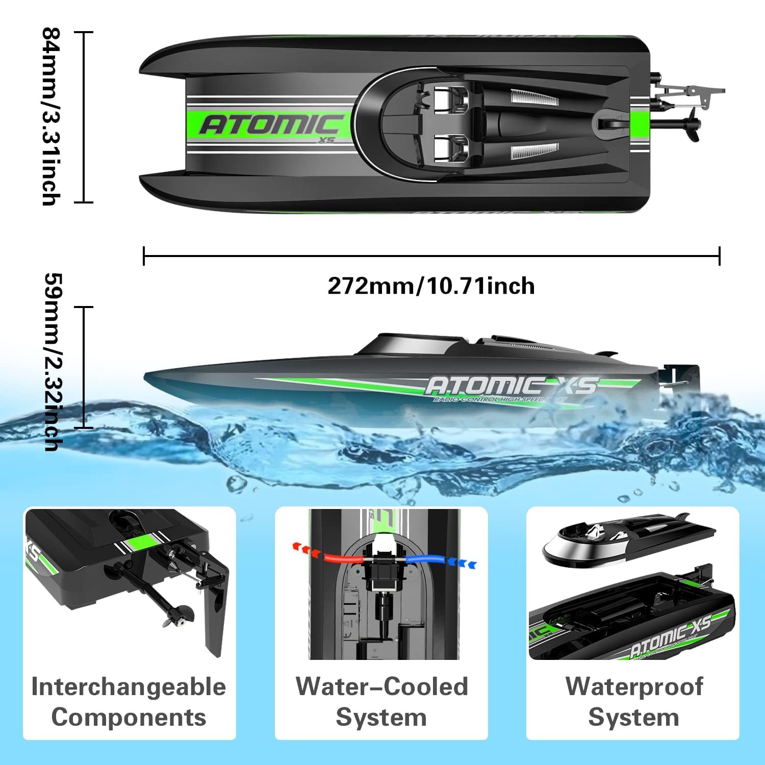 VOLANTEXRC Remote Control Boats for Pools and Lakes 20+MPH AtomicXS High Speed RC Boat for Kids or Adults Toy Boat Gifts with 2 Batteries & Reverse Function (795-5 Black)