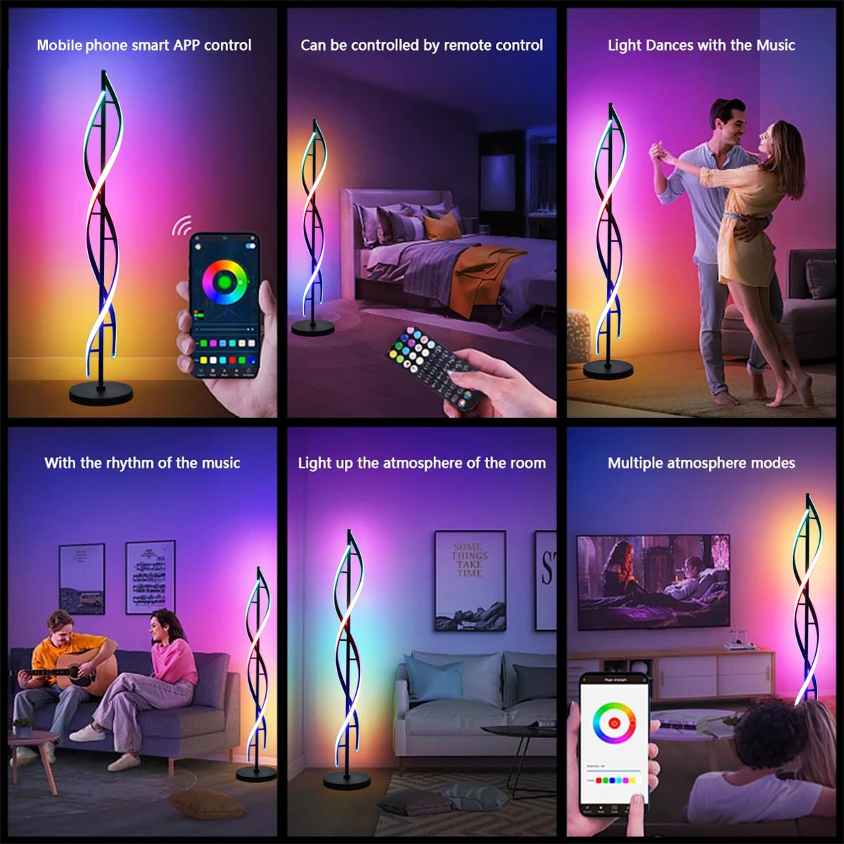 LENIVER LED Spiral Floor Lamp, Unique 3 Color Dimmable Standing Lamp, Modern Creative Standing Pole Lamps with Remote Control for Living Room, Bedroom and Office - Black