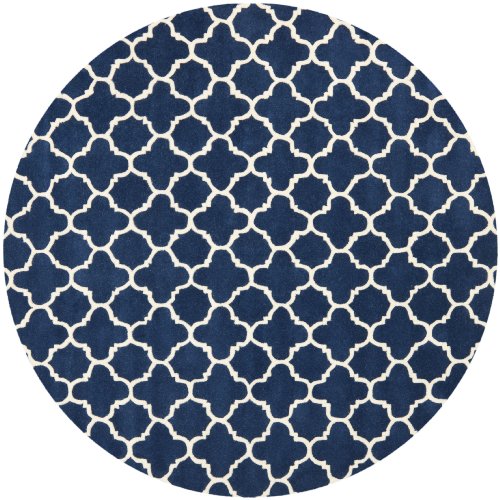 SAFAVIEH Chatham Collection 7' Round Dark Blue/Ivory CHT717C Handmade Quatrefoil Trellis Premium Wool Area Rug