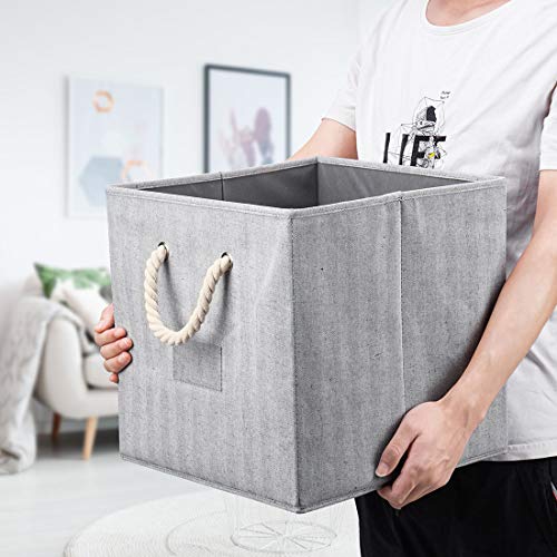Robuy Cube Storage Bins,Grey Fabric Foldable Storage Bins,Set of 3 Stroage Boxes with Cotton Rope Handles for Organizer Home,Office, Nursery 13x13x13 inch