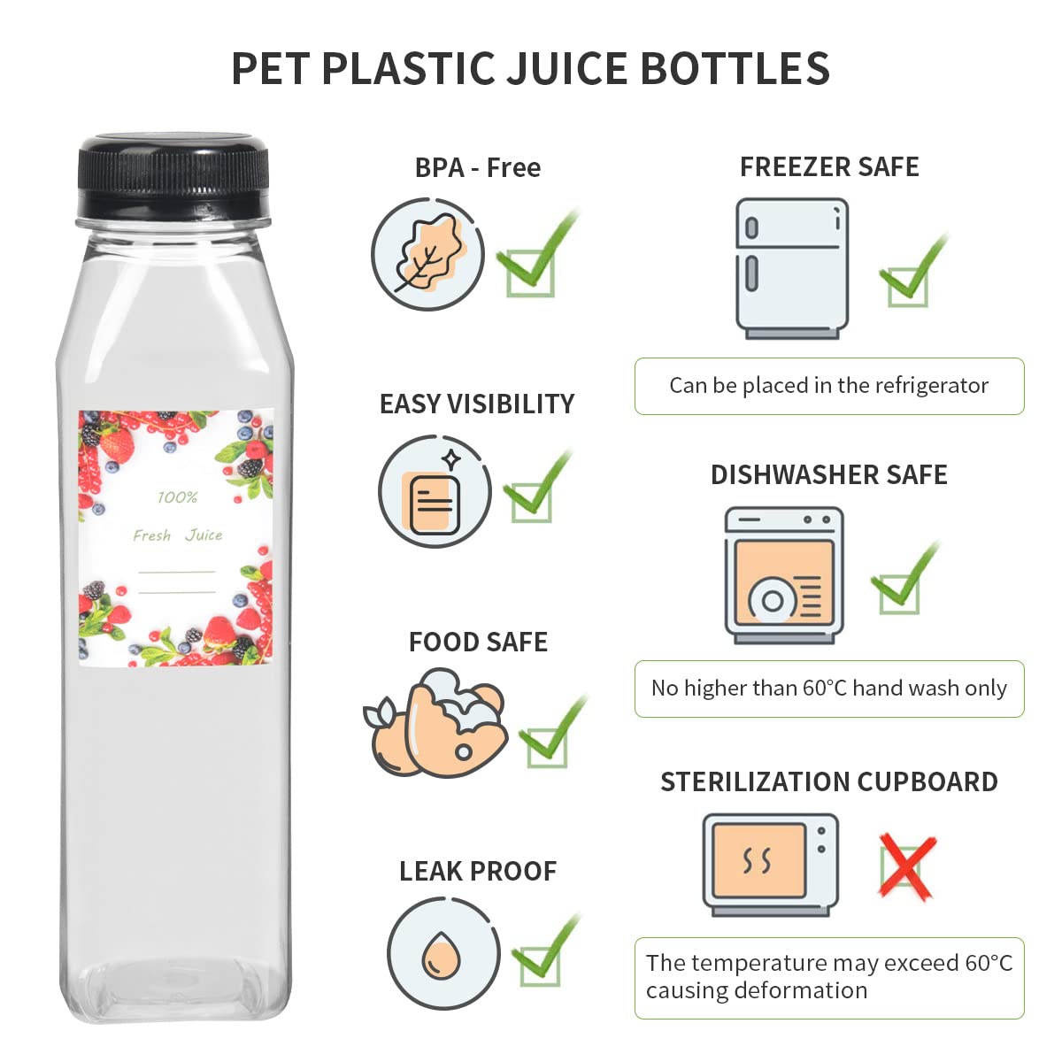 24 Pack 12OZ Plastic Juice Bottles with Caps, OAMCEG Juice Containers with Lids for Fridge, Reusable Smoothie Bottles, Empty Clear Bulk Beverage Container with Black Tamper Evident Lids (Square, 12oz)