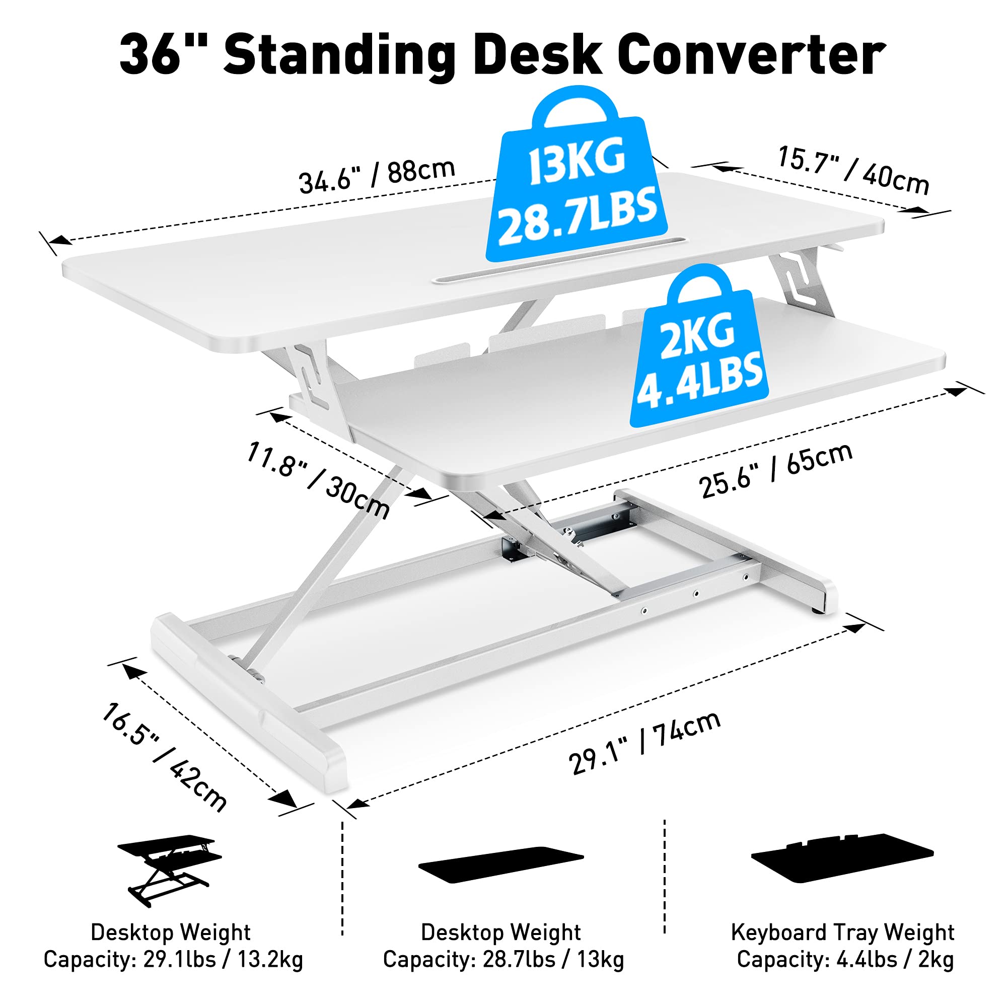 AboveTEK Standing Desk Converter, 36" Stand Up Desk Riser with Gel Wrist Rest, Tabletop Sit Stand Desk Fits Dual Monitors, Two Tiered Adjustable Height Desk with Removal Keyboard Tray, White