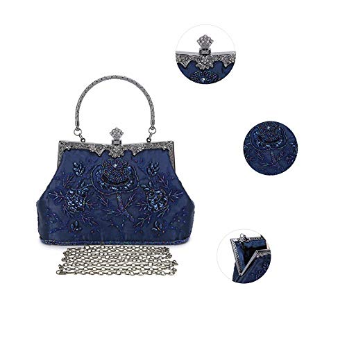 KISSCHIC Women's Handbag Vintage Rose Embroidered Beaded Sequin Evening Bag Wedding Party Clutch Purse (Navy Blue)