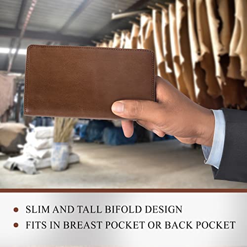 Tony Perotti Leather Long Wallets for Men - Men's Checkbook Wallet - Men's Italian Leather Bifold Wallet with Card Holders, Pockets, ID Window - Eco-Friendly Vegetable-Tanned Full Grain Leather