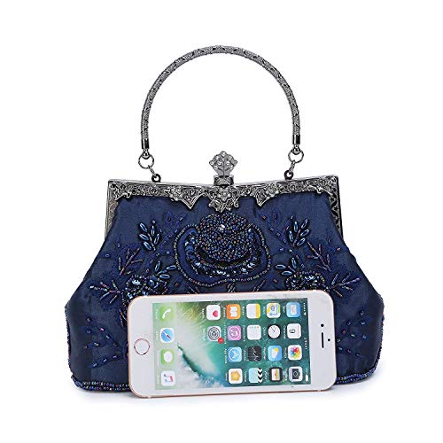 KISSCHIC Women's Handbag Vintage Rose Embroidered Beaded Sequin Evening Bag Wedding Party Clutch Purse (Navy Blue)