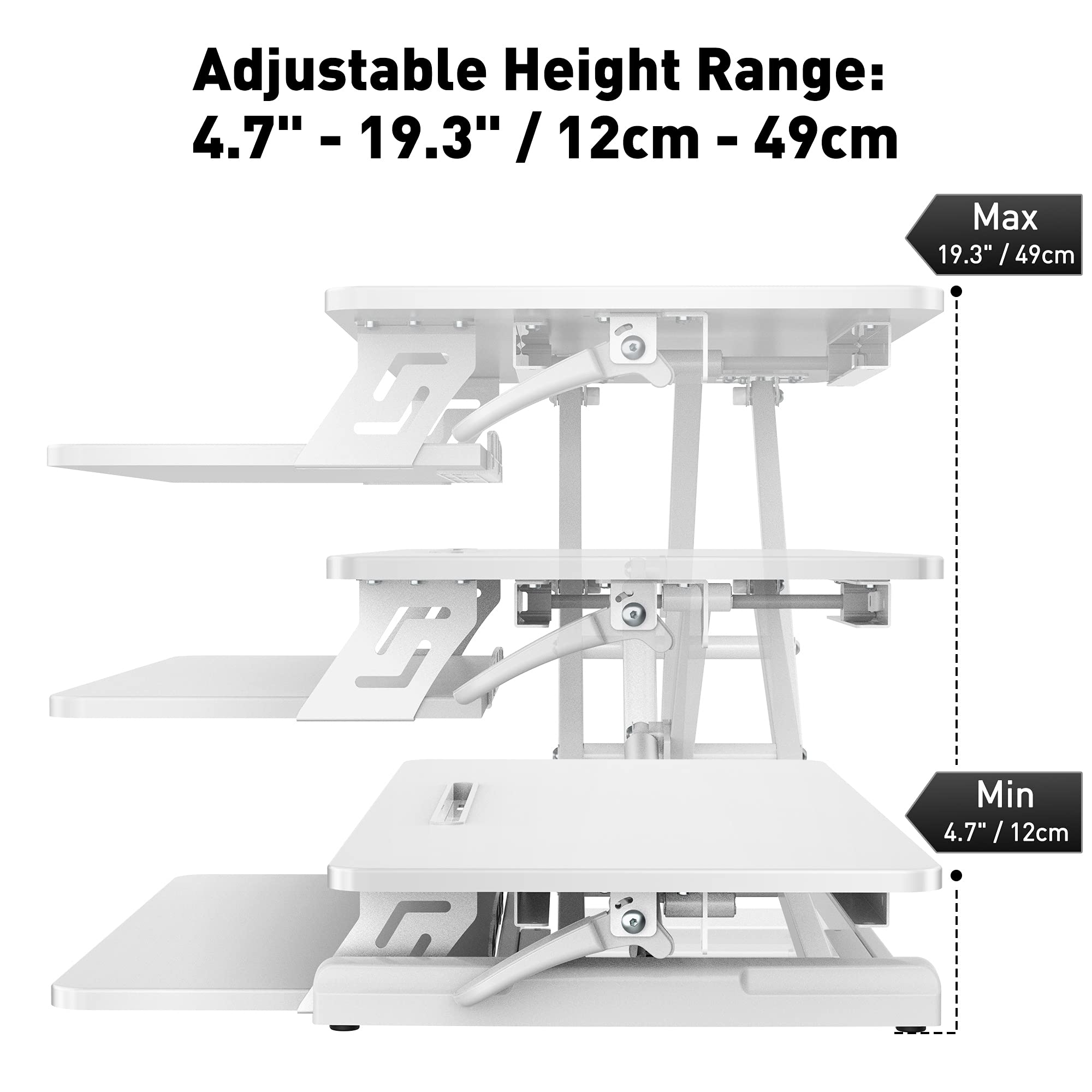 AboveTEK Standing Desk Converter, 36" Stand Up Desk Riser with Gel Wrist Rest, Tabletop Sit Stand Desk Fits Dual Monitors, Two Tiered Adjustable Height Desk with Removal Keyboard Tray, White