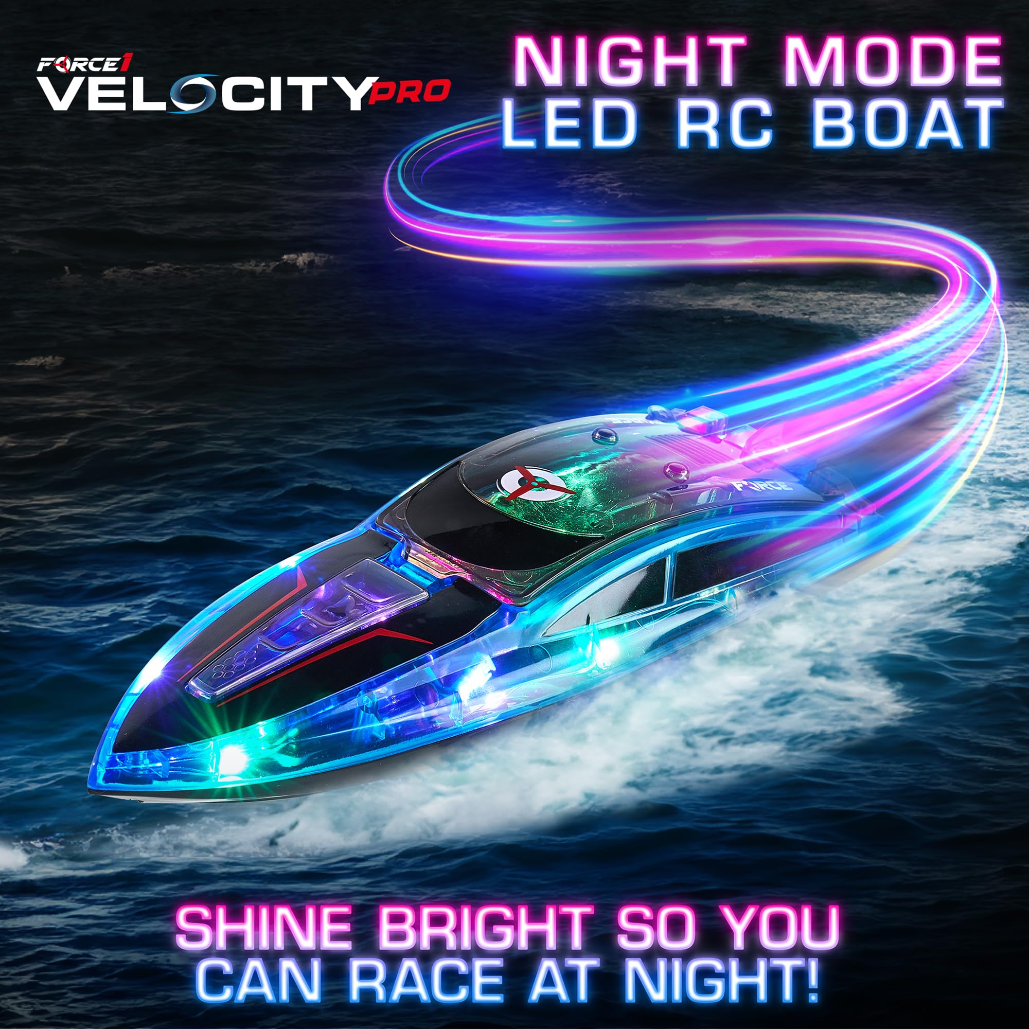 Force1 Velocity Pro LED RC Boat- Remote Control Boats for Adults and Kids, Underwater Speed Racing Mini RC Toy for Pools and Lakes, LEDs, 2.4GHZ Transmitter, Rechargeable Batteries, Low Battery Alert