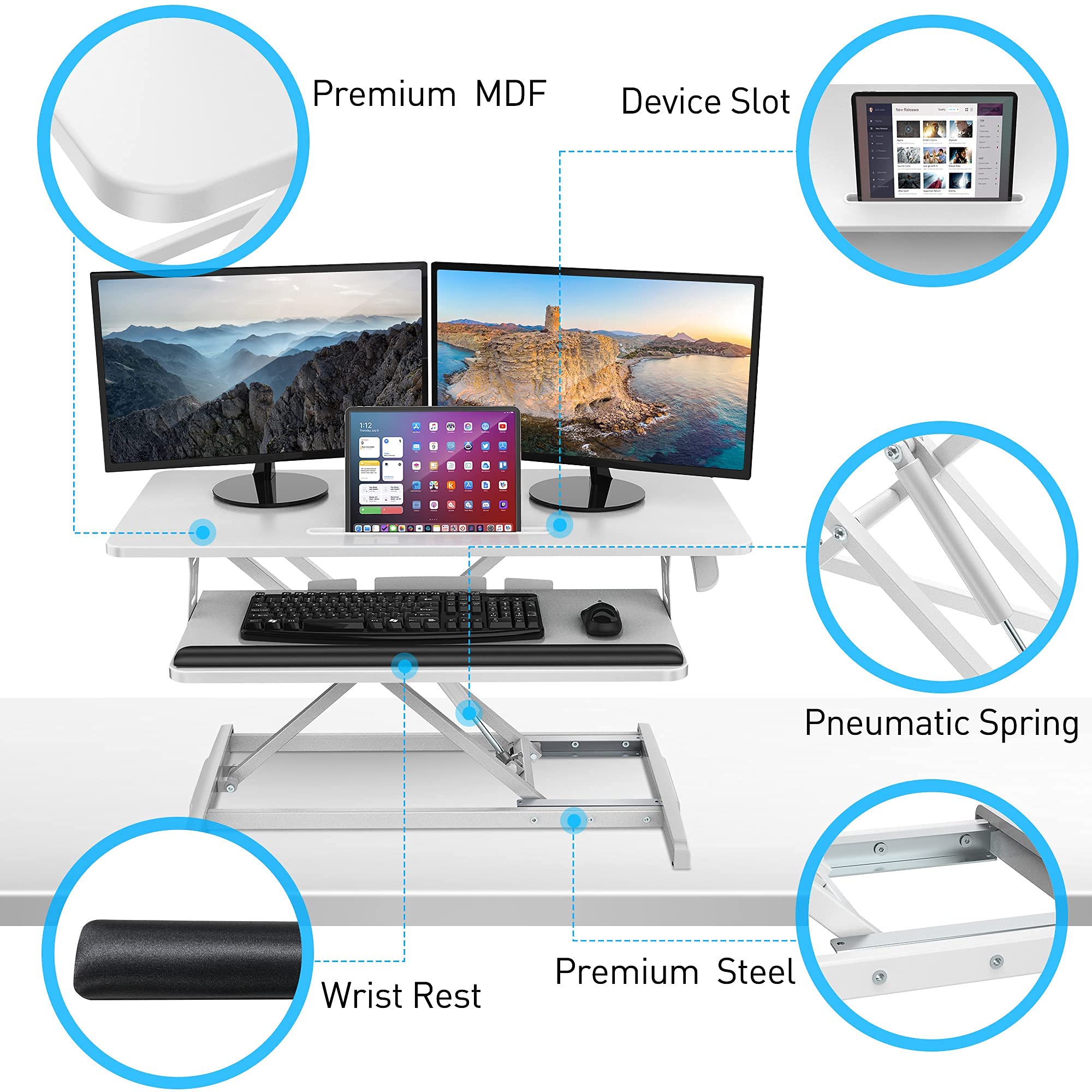 AboveTEK Standing Desk Converter, 36" Stand Up Desk Riser with Gel Wrist Rest, Tabletop Sit Stand Desk Fits Dual Monitors, Two Tiered Adjustable Height Desk with Removal Keyboard Tray, White
