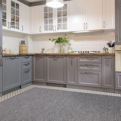 Machine Washable Tonal Design Jute Back 5x7 Reversible Indoor/Outdoor Area Rug for Patio, Living Room, Bedroom, Office, Dining Room, 5'3" x 6'11", Gray