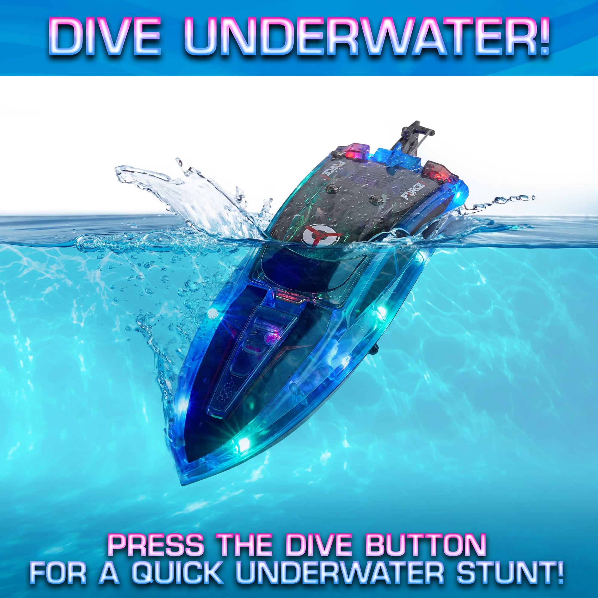 Force1 Velocity Pro LED RC Boat- Remote Control Boats for Adults and Kids, Underwater Speed Racing Mini RC Toy for Pools and Lakes, LEDs, 2.4GHZ Transmitter, Rechargeable Batteries, Low Battery Alert