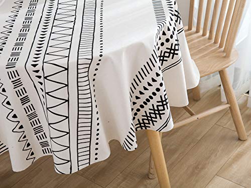 ArtBud White Black Cotton Linen Table Cloths Boho Farmhouse Heavy Fabric Table Cover Burlap Striped Geometric Washable Table Top for Parties Coffee Kitchen Picnic Round 60 inch(4-6 Seats)