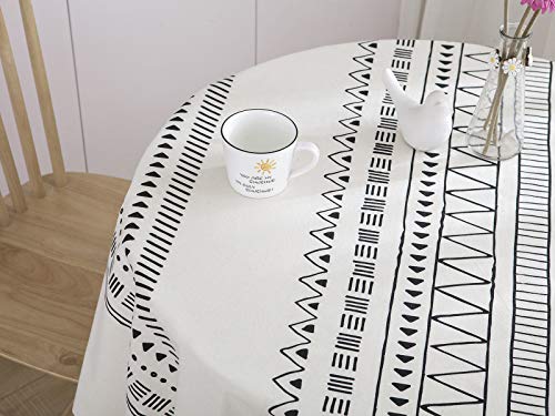 ArtBud White Black Cotton Linen Table Cloths Boho Farmhouse Heavy Fabric Table Cover Burlap Striped Geometric Washable Table Top for Parties Coffee Kitchen Picnic Round 60 inch(4-6 Seats)