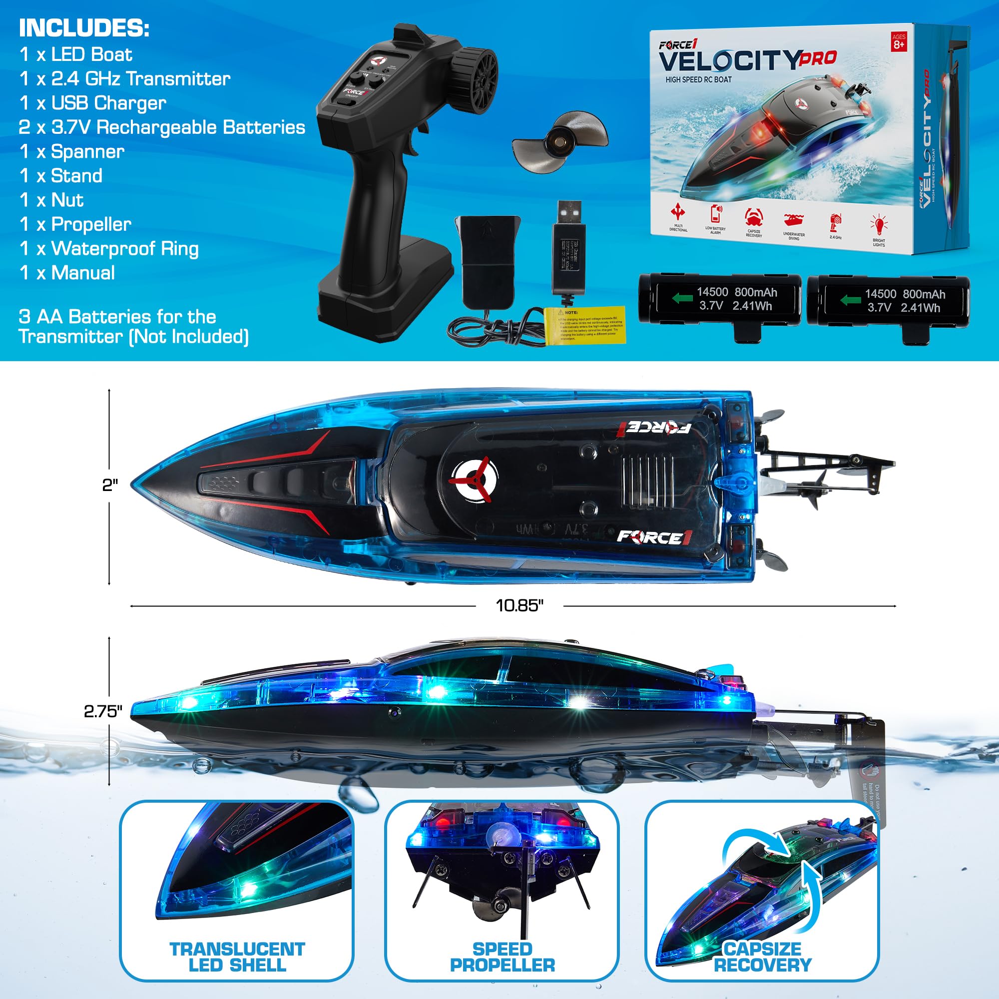 Force1 Velocity Pro LED RC Boat- Remote Control Boats for Adults and Kids, Underwater Speed Racing Mini RC Toy for Pools and Lakes, LEDs, 2.4GHZ Transmitter, Rechargeable Batteries, Low Battery Alert