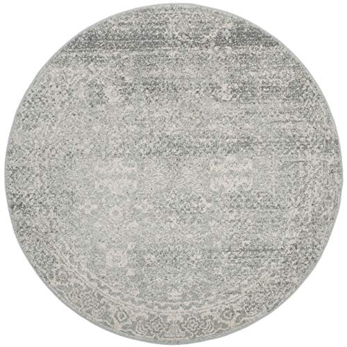 SAFAVIEH Evoke Collection 3' Round Silver / Ivory EVK270Z Shabby Chic Distressed Non-Shedding Dining Room Entryway Foyer Living Room Bedroom Area Rug
