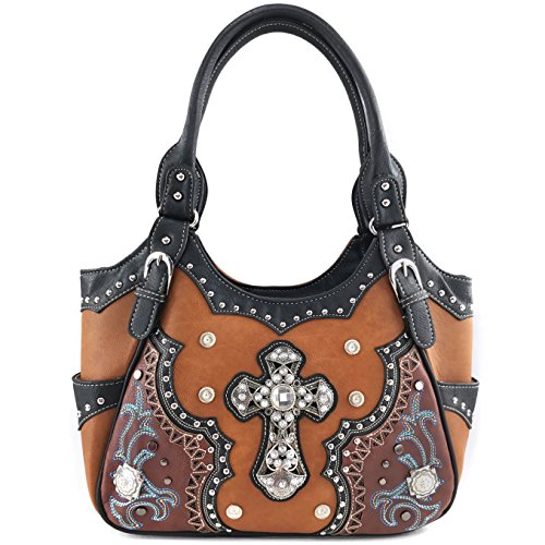 Justin West Concealed Carry Laser Cut Square Concho Embellishment Cross Studded Antique Embroidery Handbag/Wallet/Messenger Purse (Brown Tote and Wallet Set)
