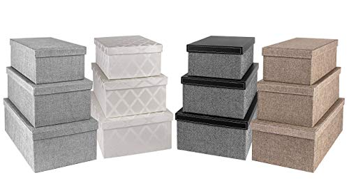 Decorative Storage Boxes with Lids – Set of 3 - Hard Thick Cardboard Storage Box Lined with Fabric, Nesting Storage Baskets for Shelves, Closet Organization, Stylish Photos Holder (Off White)