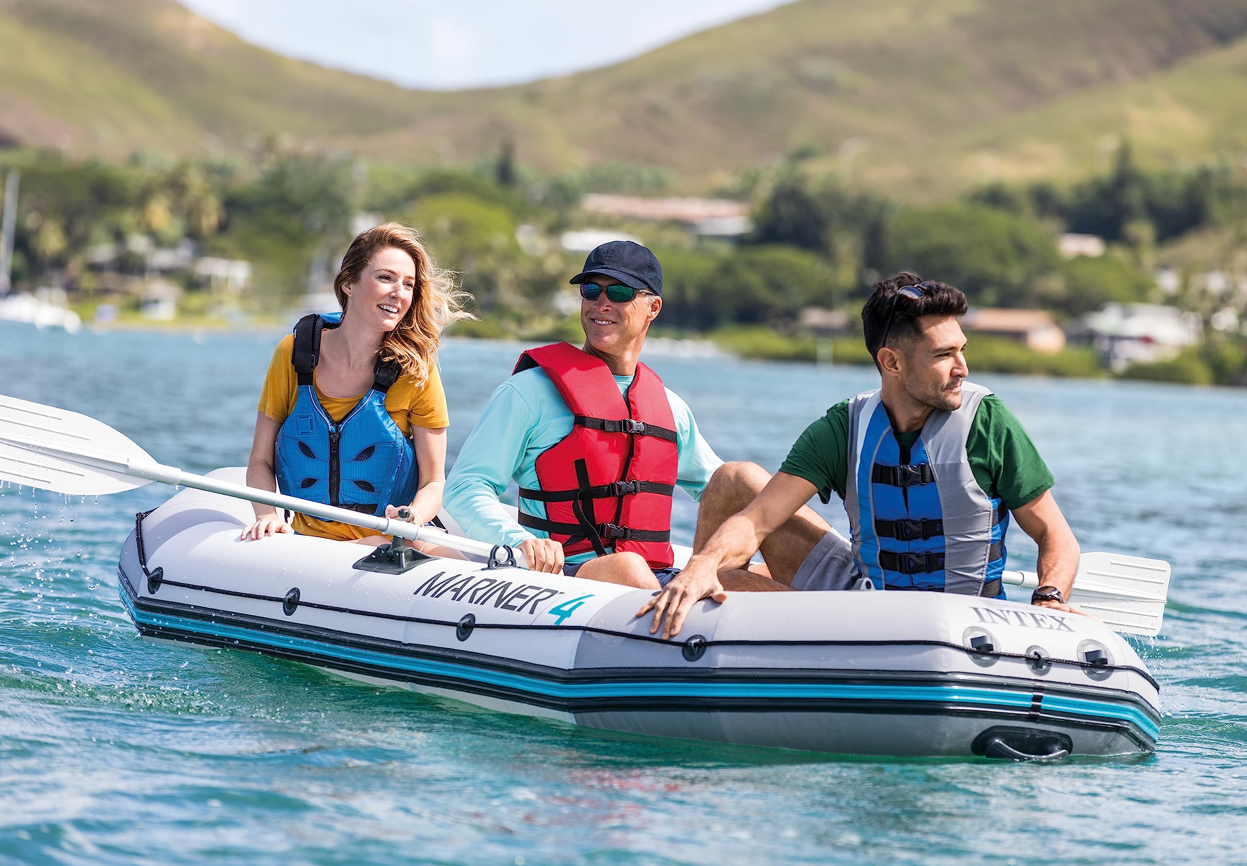 INTEX 68373EP Mariner 3 Inflatable Boat Set: Includes Deluxe 54in Boat Oars and High-Output Pump – Wear-Resistant Keel – Removable Fishing Rod Holders – 3-Person – 880lb Weight Capacity
