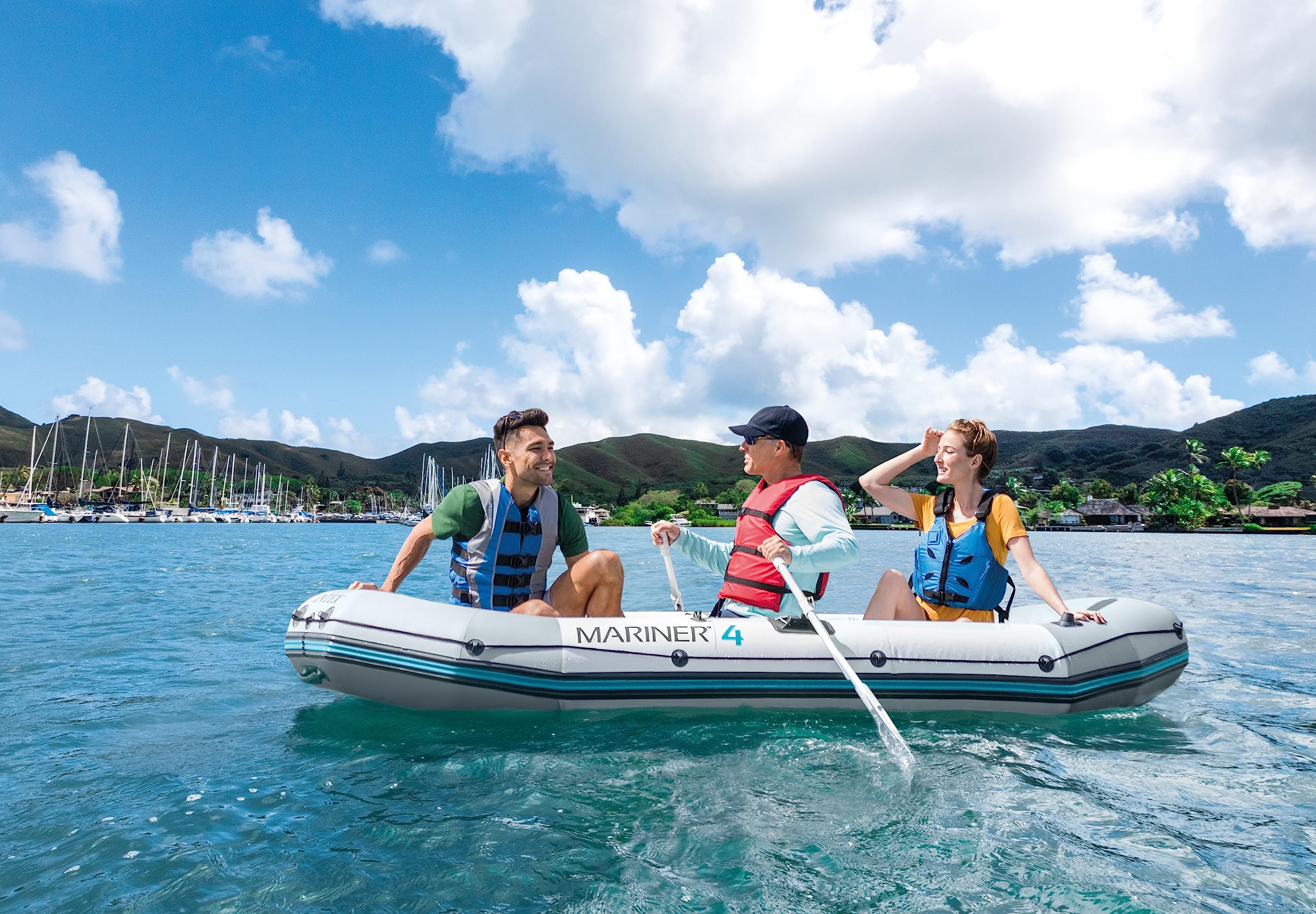 INTEX 68373EP Mariner 3 Inflatable Boat Set: Includes Deluxe 54in Boat Oars and High-Output Pump – Wear-Resistant Keel – Removable Fishing Rod Holders – 3-Person – 880lb Weight Capacity