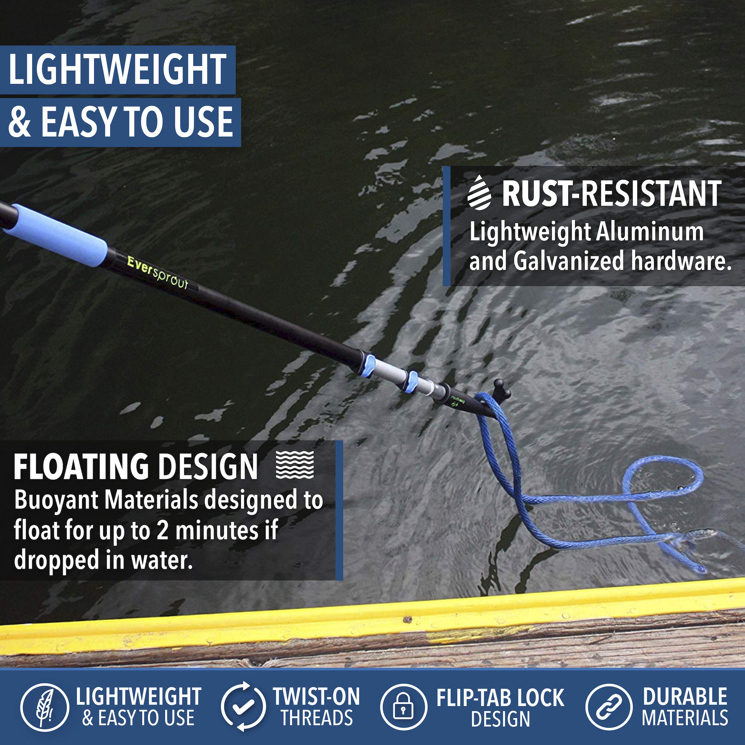 EVERSPROUT 5-to-12 Foot Telescoping Boat Hook | Floats, Scratch-Resistant, Sturdy Design | Durable & Lightweight, 3-Stage Anodized Aluminum Pole | Threaded End for Boat Accessories (12 Feet)