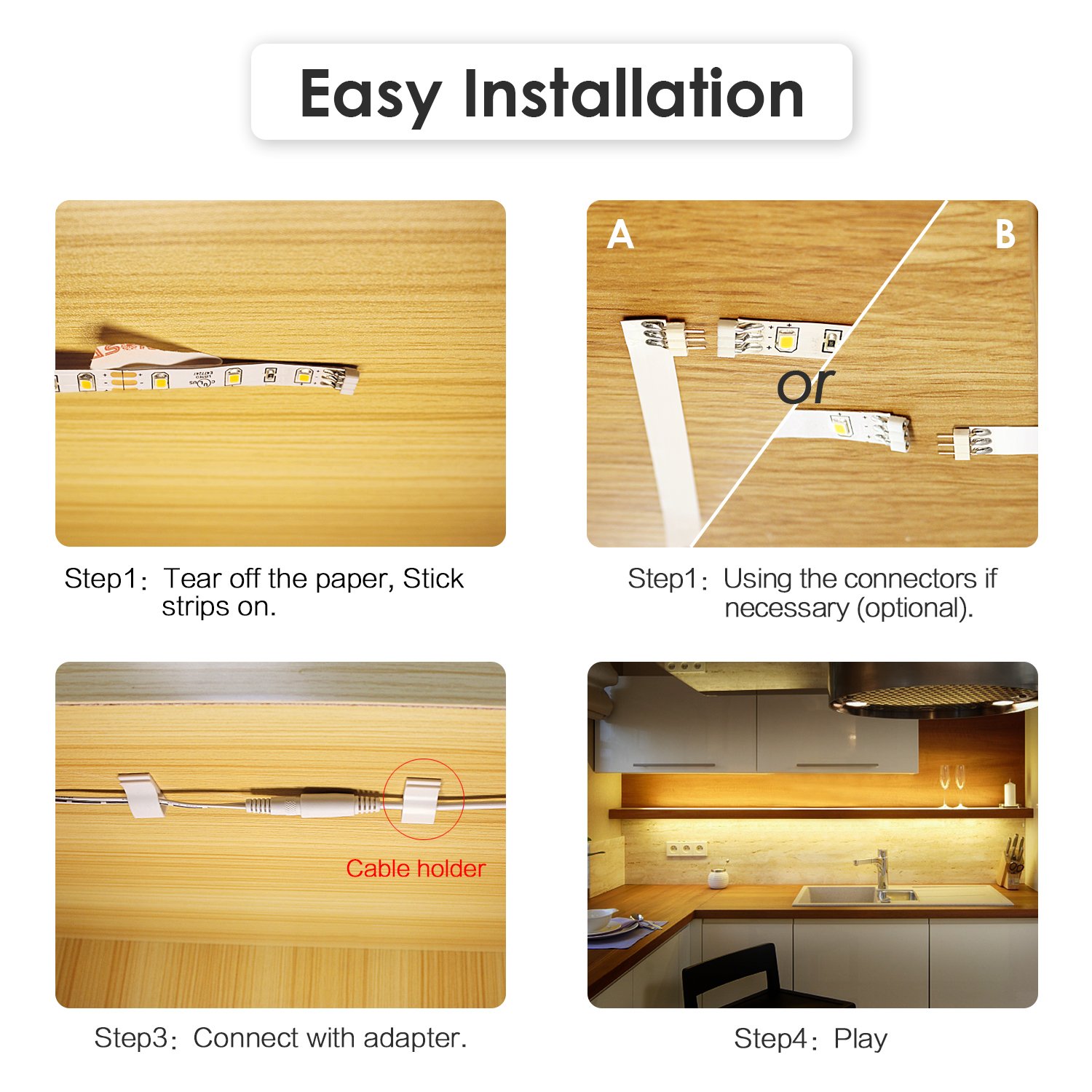 WOBANE Under Cabinet LED Lighting kit, 6 PCS LED Strip Lights with Remote Control Dimmer and Adapter, Dimmable for Kitchen Cabinet,Counter,Shelf,TV Back,Showcase 2700K Warm White,Bright 1500lm,Timing