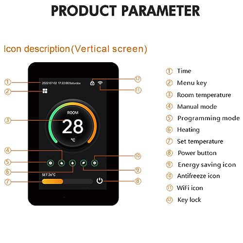 Smart WiFi Thermostat with App Control, IP20 Protection Transparent Screen 100-250VAC 1℃ Home Smart WiFi Thermostat with Screws for Water Heating (16A)